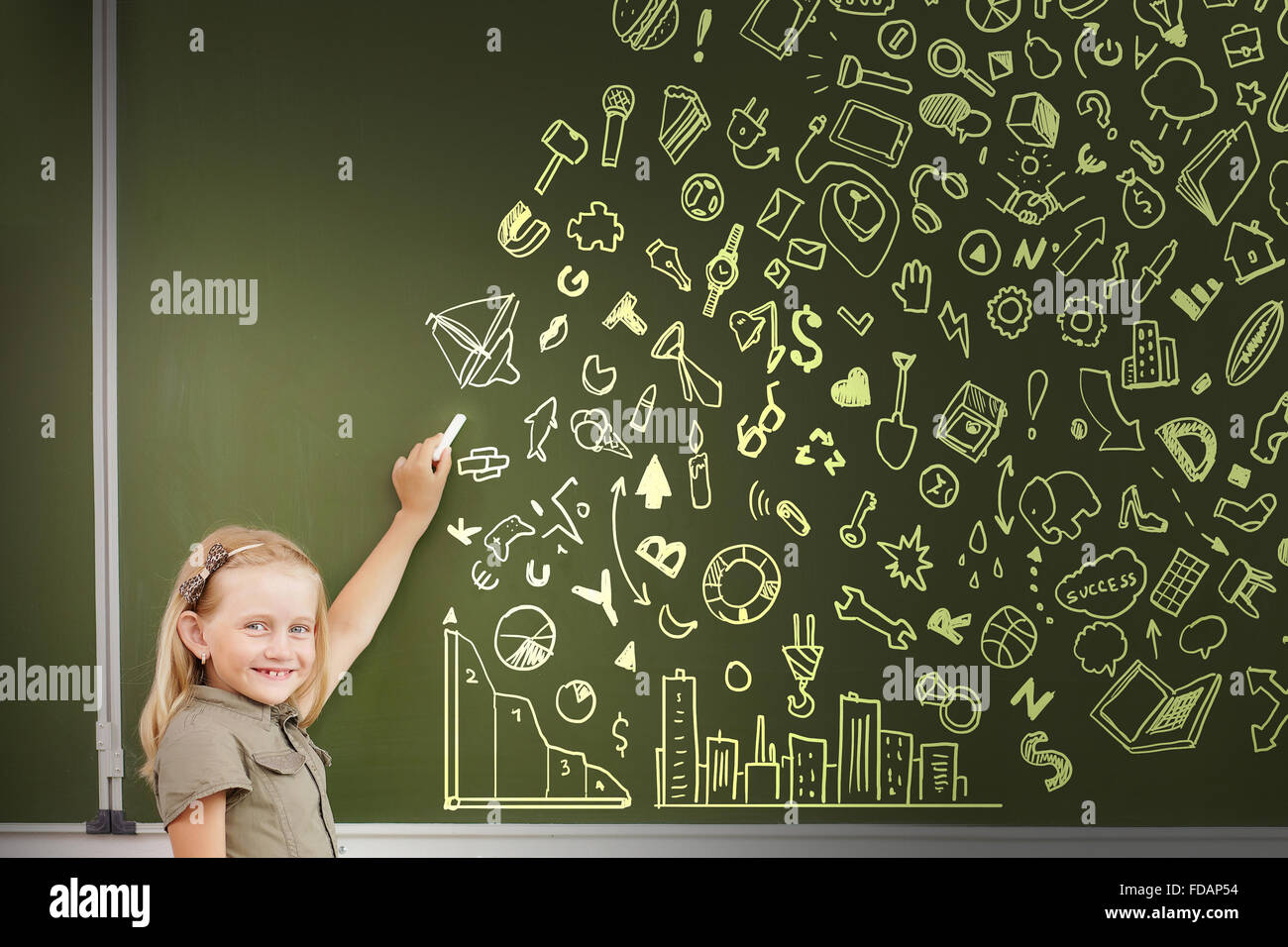 School girl writing chalk sketches on blackboard Stock Photo - Alamy