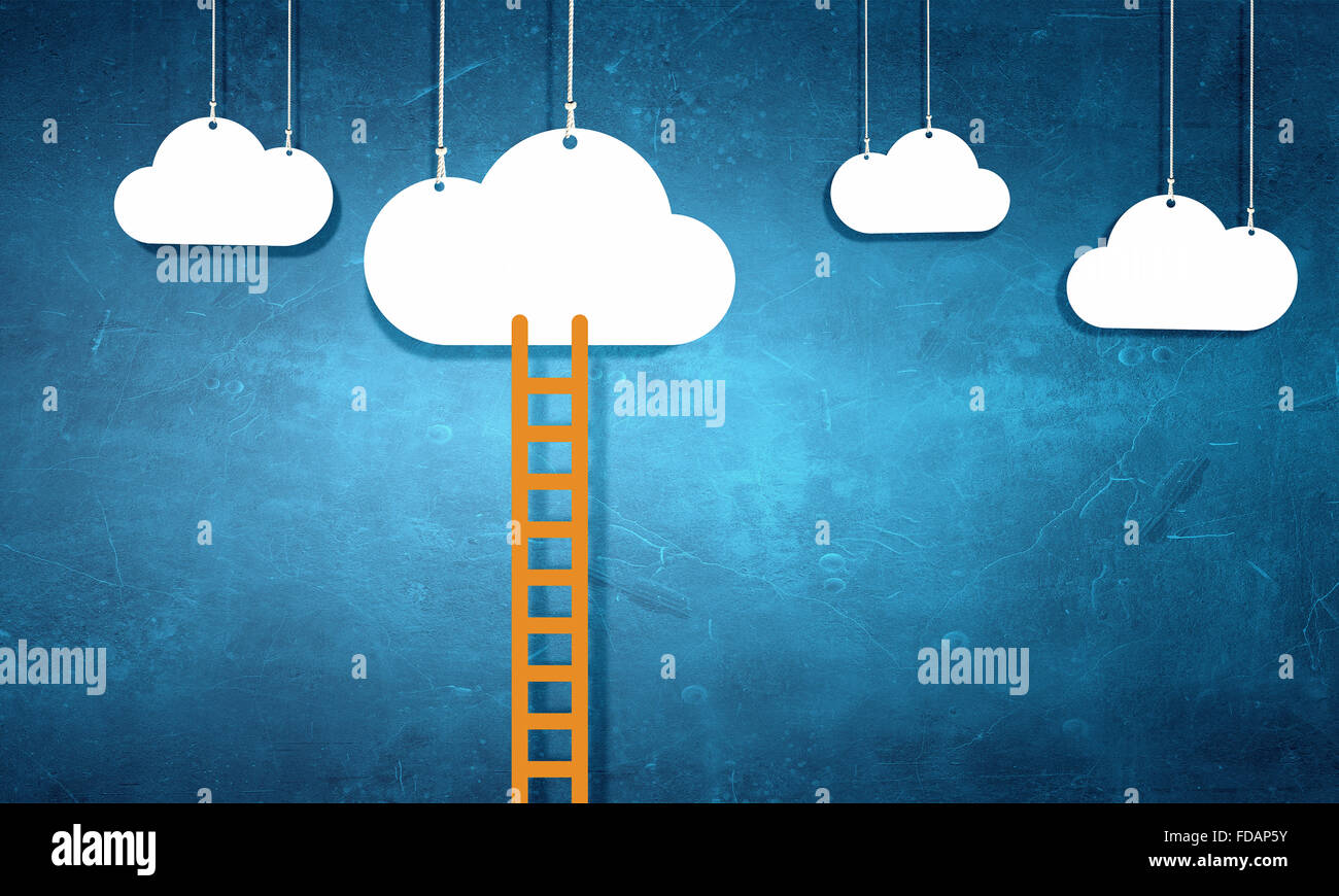 Conceptual image with ladder leading to white blank cloud Stock Photo ...