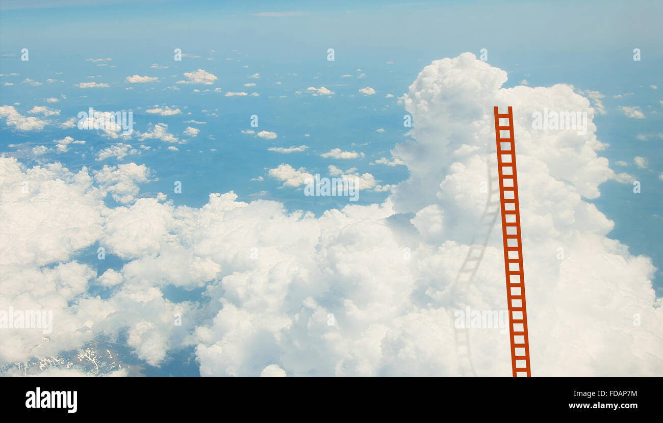 Conceptual image with ladder leading to white blank cloud Stock Photo ...
