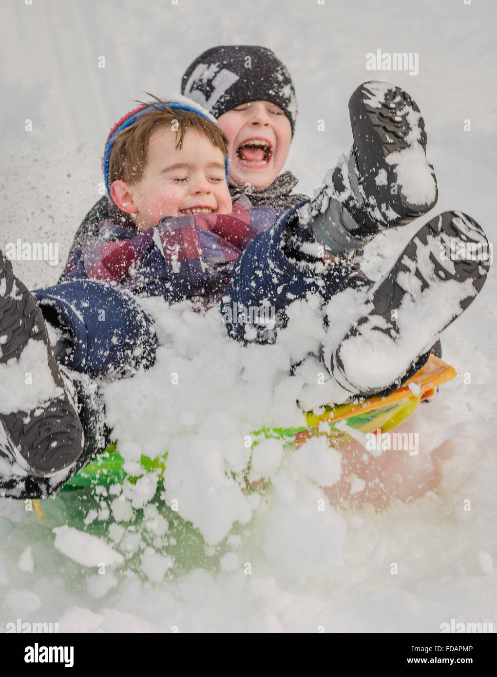 Two brothers share a sled sliding down a snow covered hill. They are ...