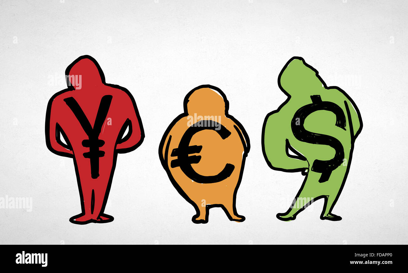 Funny cartoon people with currency signs on white background Stock ...