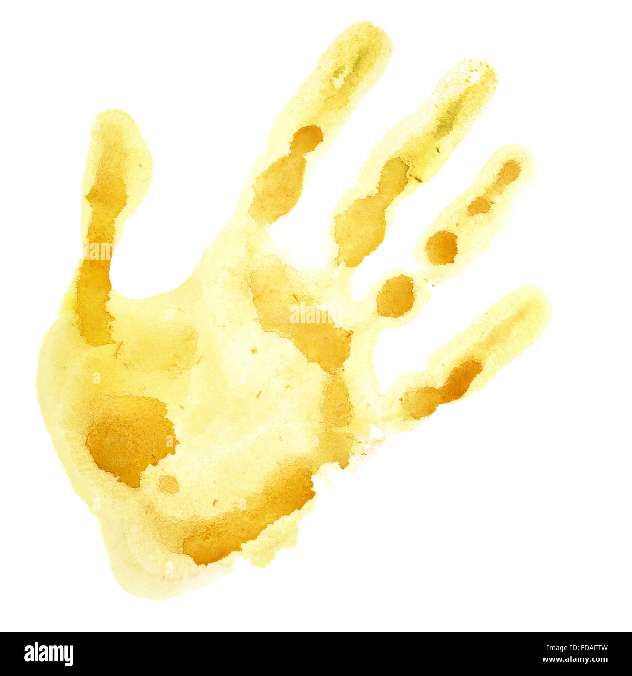 Yellow watercolor hand print isolated on white background, raster ...
