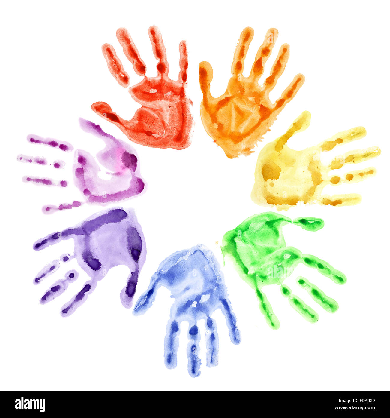 Colorful watercolor hand prints in a circle isolated on the white ...