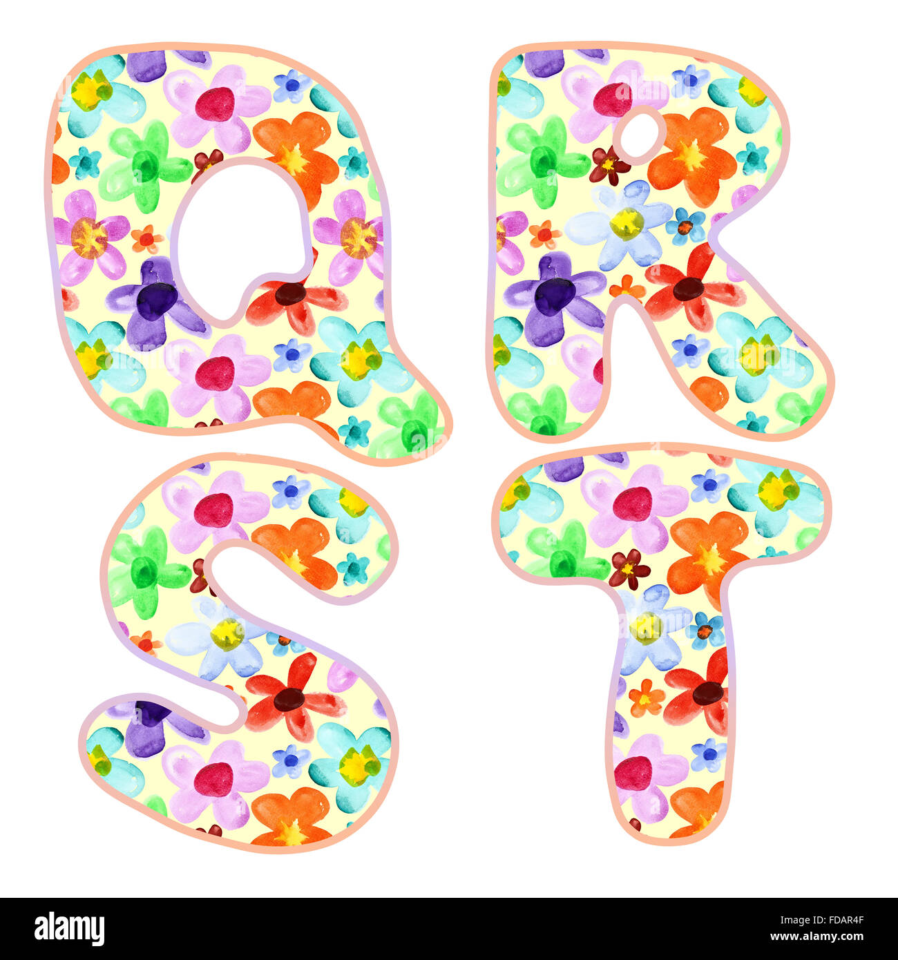 Alphabet with colorful watercolor flower pattern. Letters Q, R, S, T ...