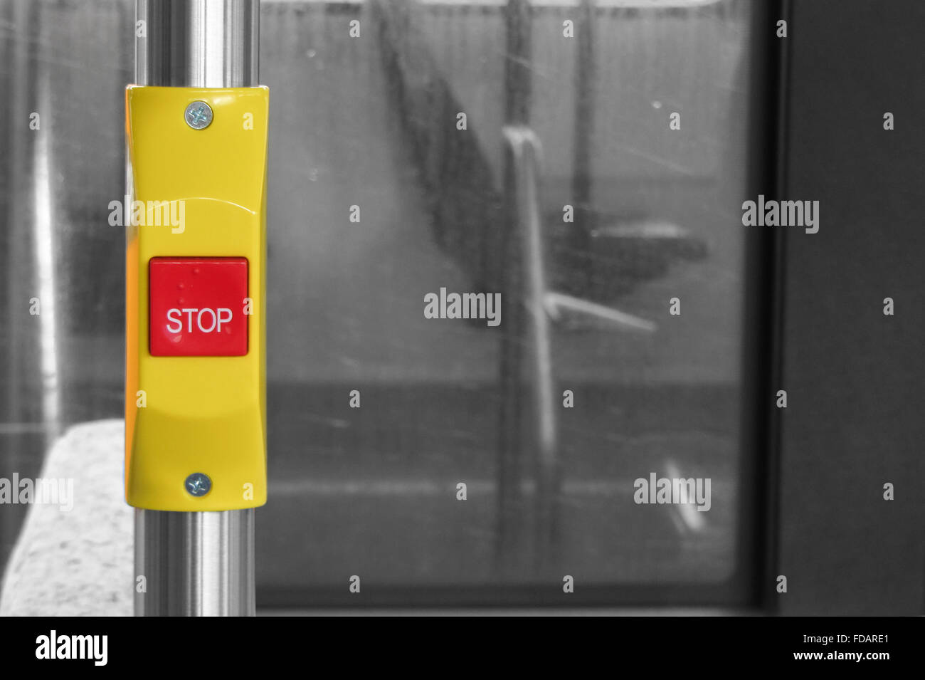 Stop on request button on bus Stock Photo - Alamy