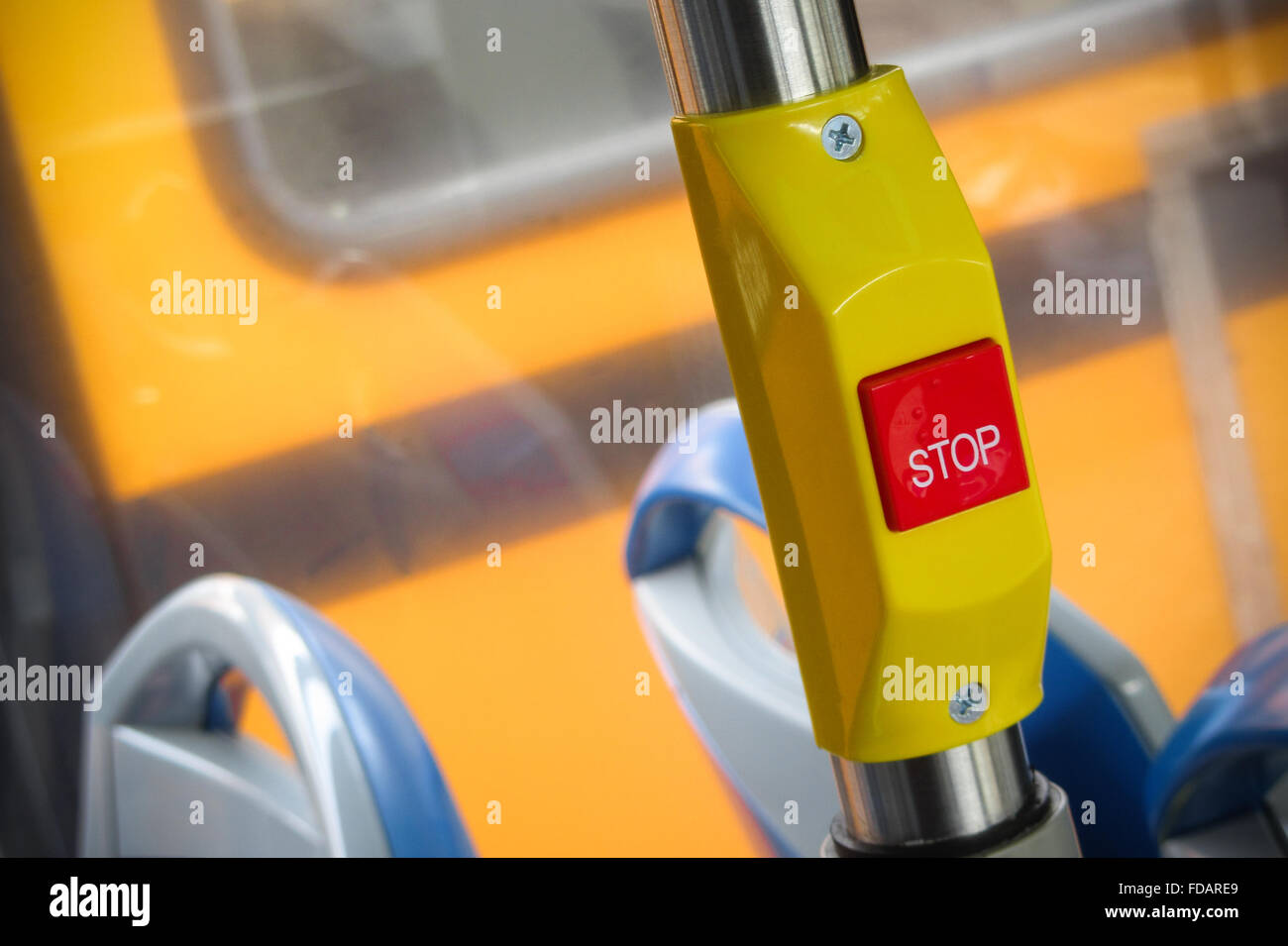 Stop on request button on bus Stock Photo - Alamy