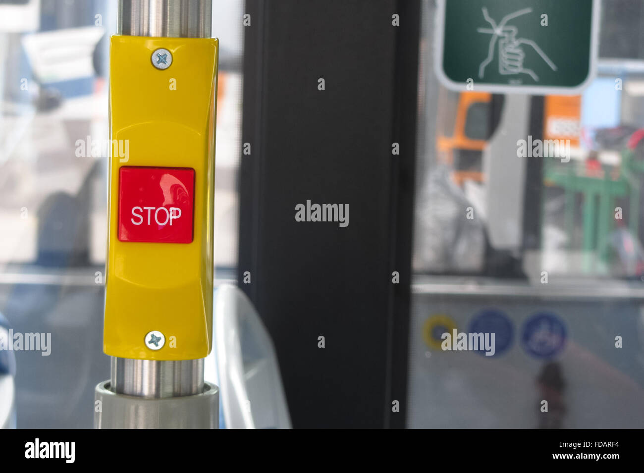 Stop on request button on bus Stock Photo - Alamy
