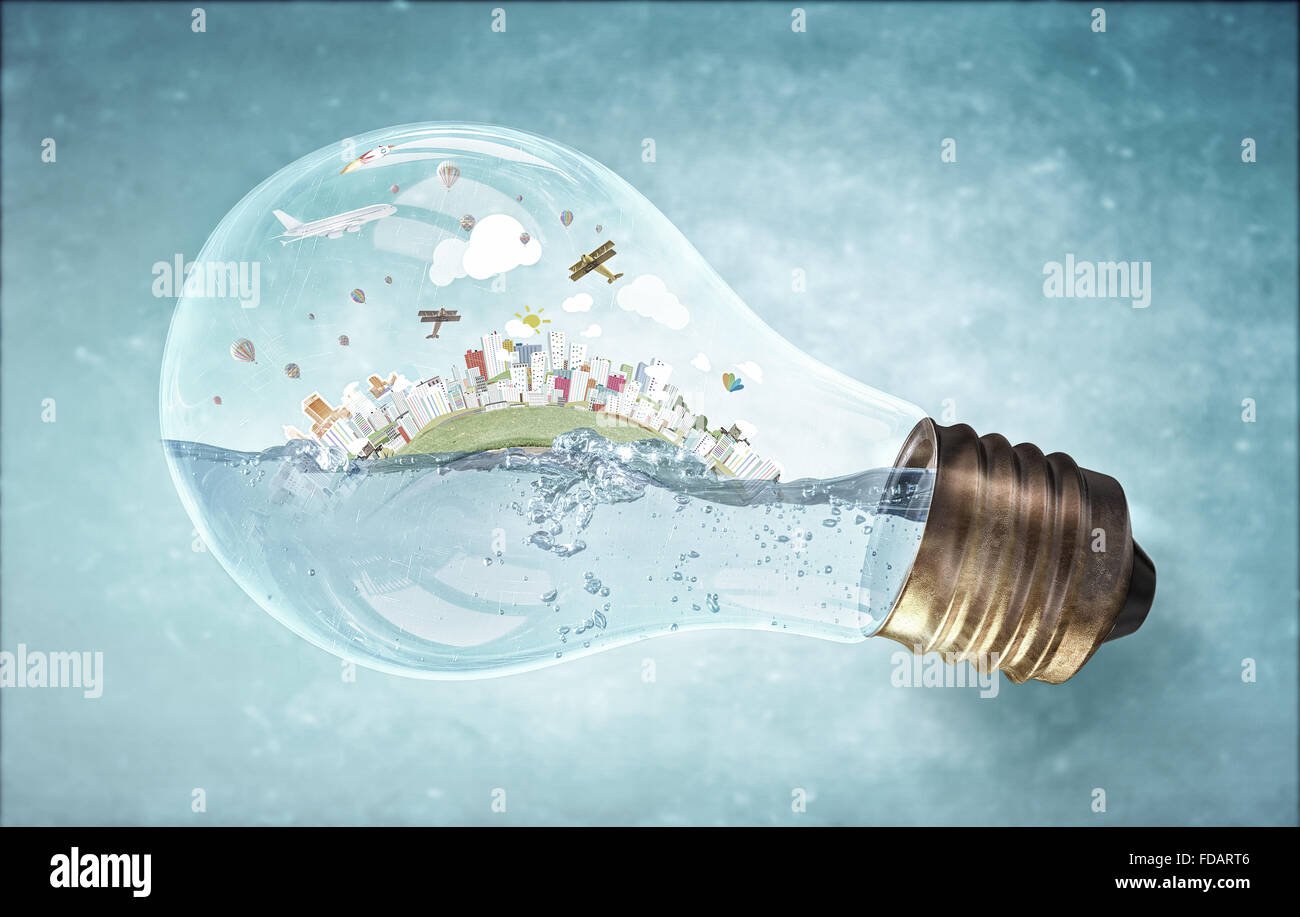 Glass light bulb with water and cityscape inside Stock Photo - Alamy
