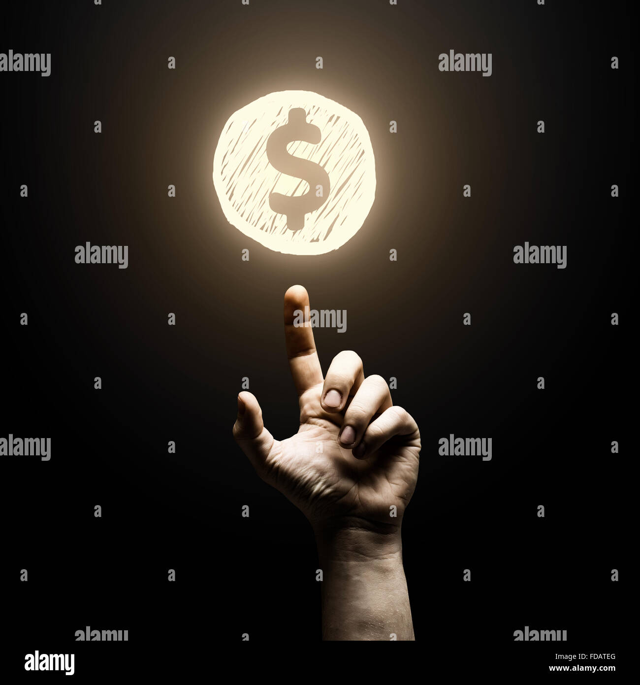 Human finger pointing at dollar sign on black background Stock Photo ...