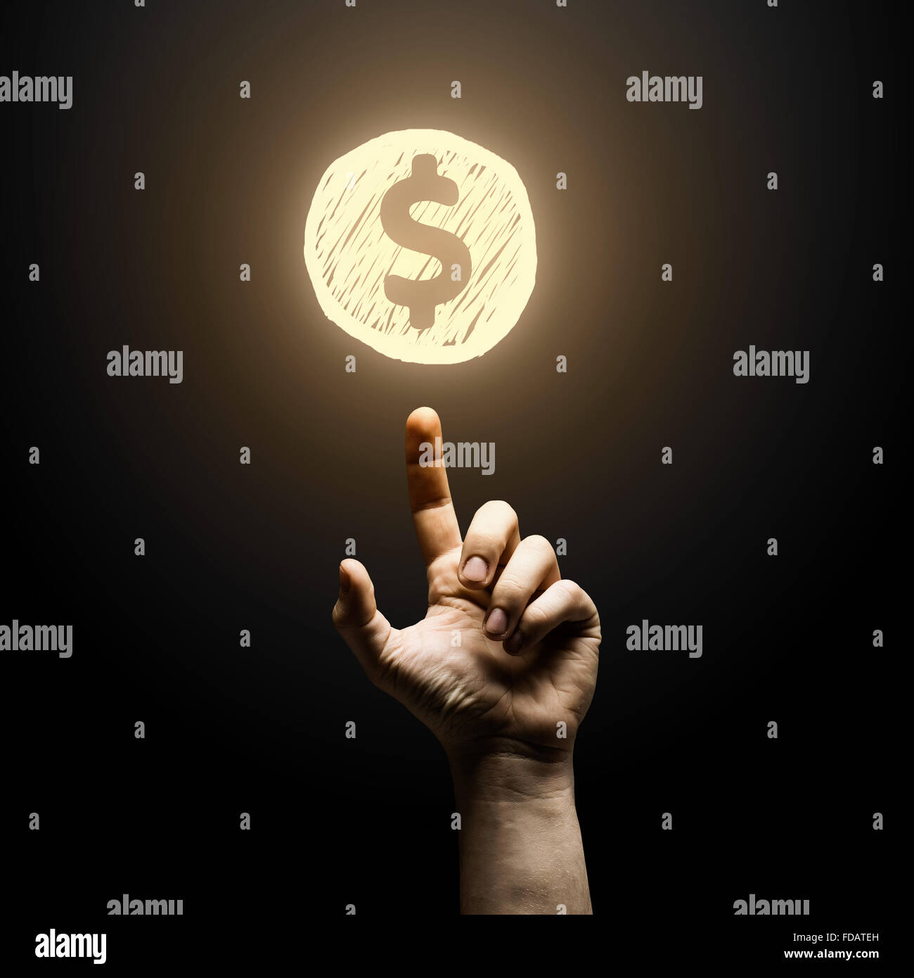 Human finger pointing at dollar sign on black background Stock Photo ...