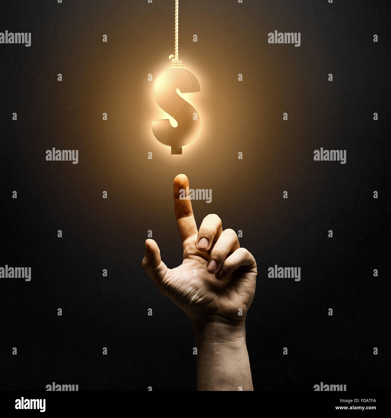 Human finger pointing at dollar sign on black background Stock Photo ...