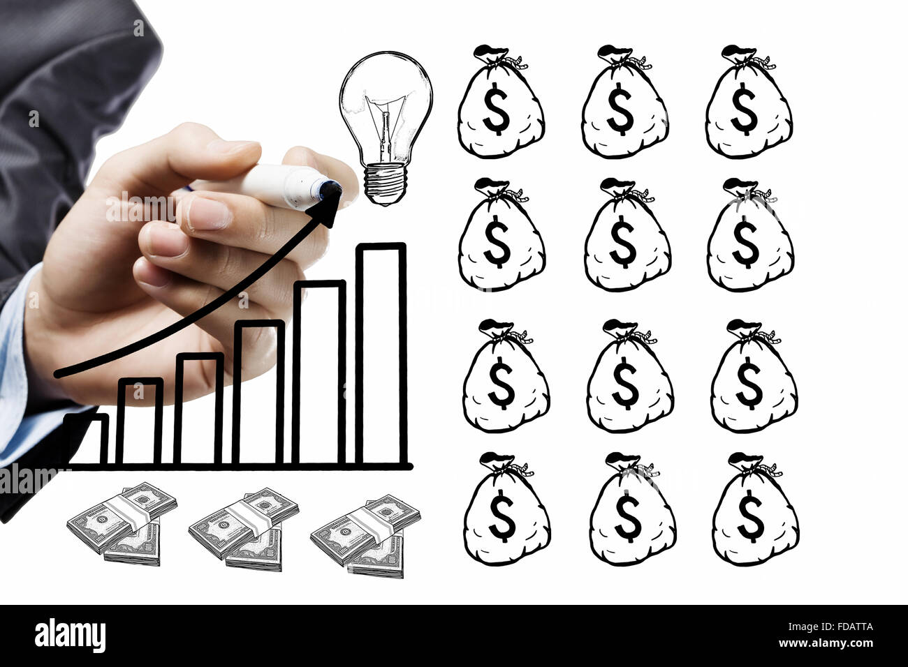 Close up of businessman drawing money making formula Stock Photo - Alamy