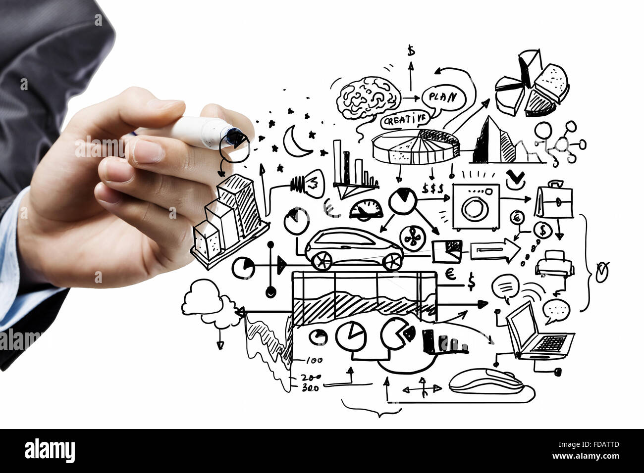 Close up of businessman drawing business sketches on screen Stock Photo ...