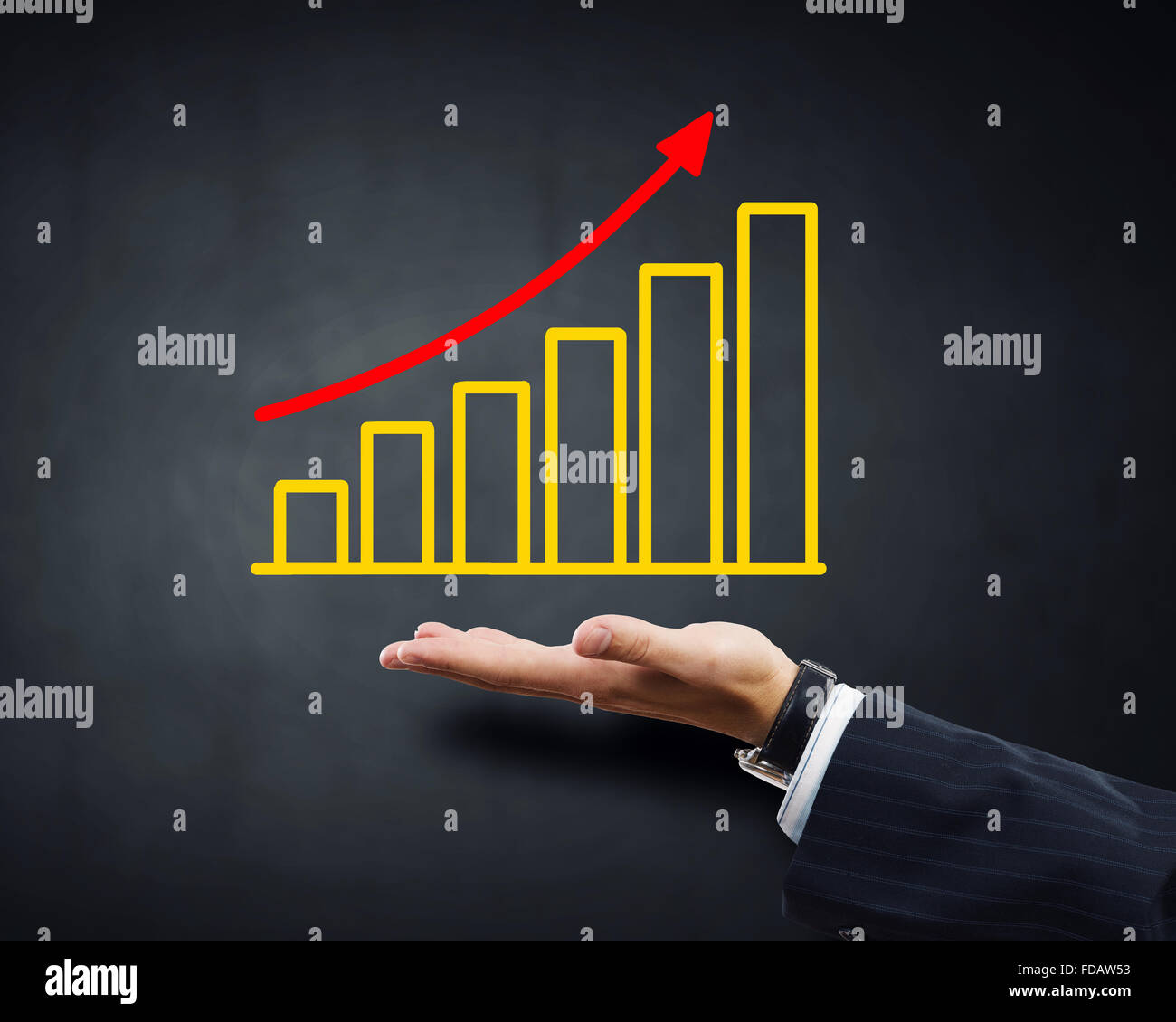 Human hand presenting on palm growing income chart Stock Photo - Alamy