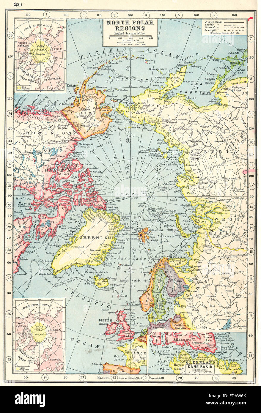 ARCTIC: North Pole showing explorers' routes. Inset Kane Basin, 1920 ...