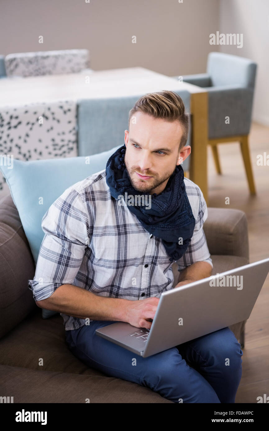 Handsome man using laptop on couch Stock Photo - Alamy
