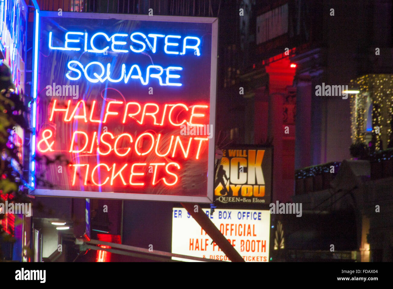 Leicester Square ticket outlet neon sign at night London England UK ...