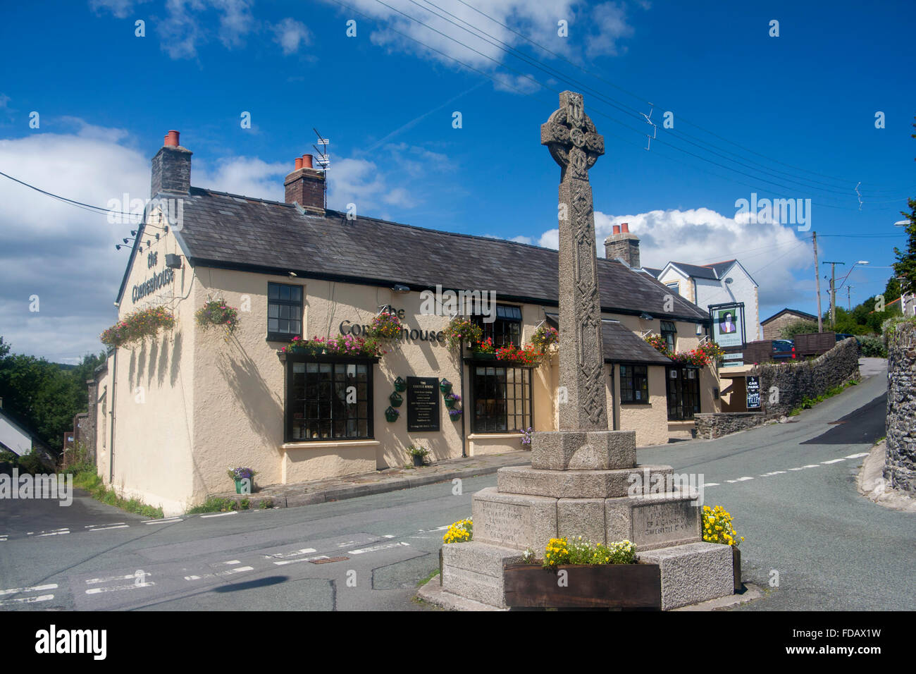 Llangynwyd village square with memorial cross to Wil Hopcyn and Stock ...
