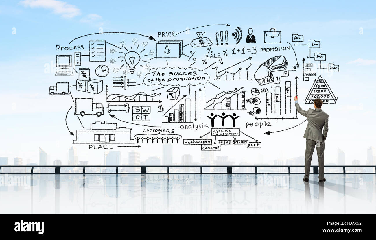 Back view of businessman drawing plan sketches on wall Stock Photo - Alamy