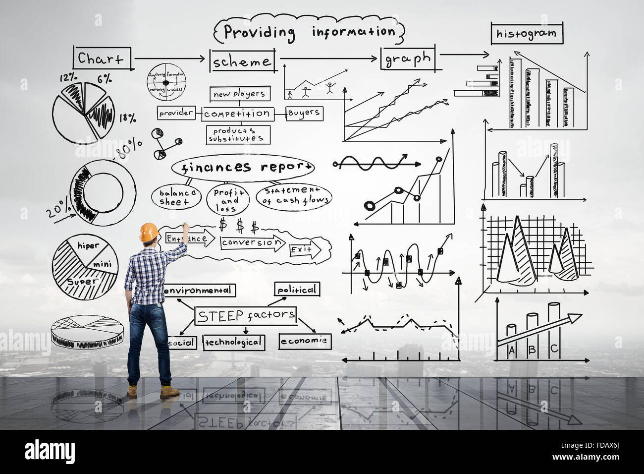 Back view of man engineer drawing plan sketches on wall Stock Photo - Alamy