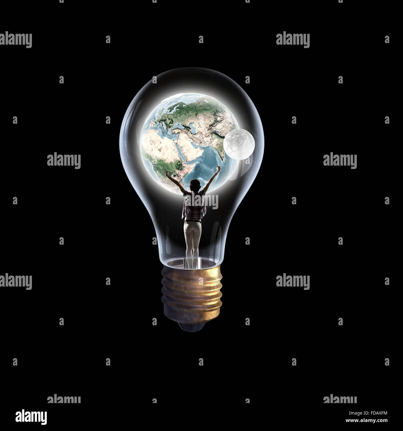 Cheerful girl inside of glass light bulb. Elements of this image are ...