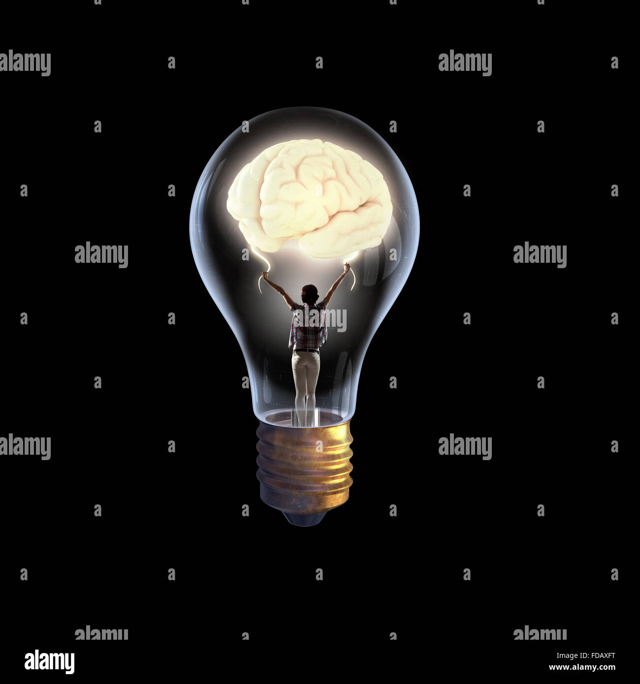 Cheerful girl inside of glass light bulb Stock Photo - Alamy