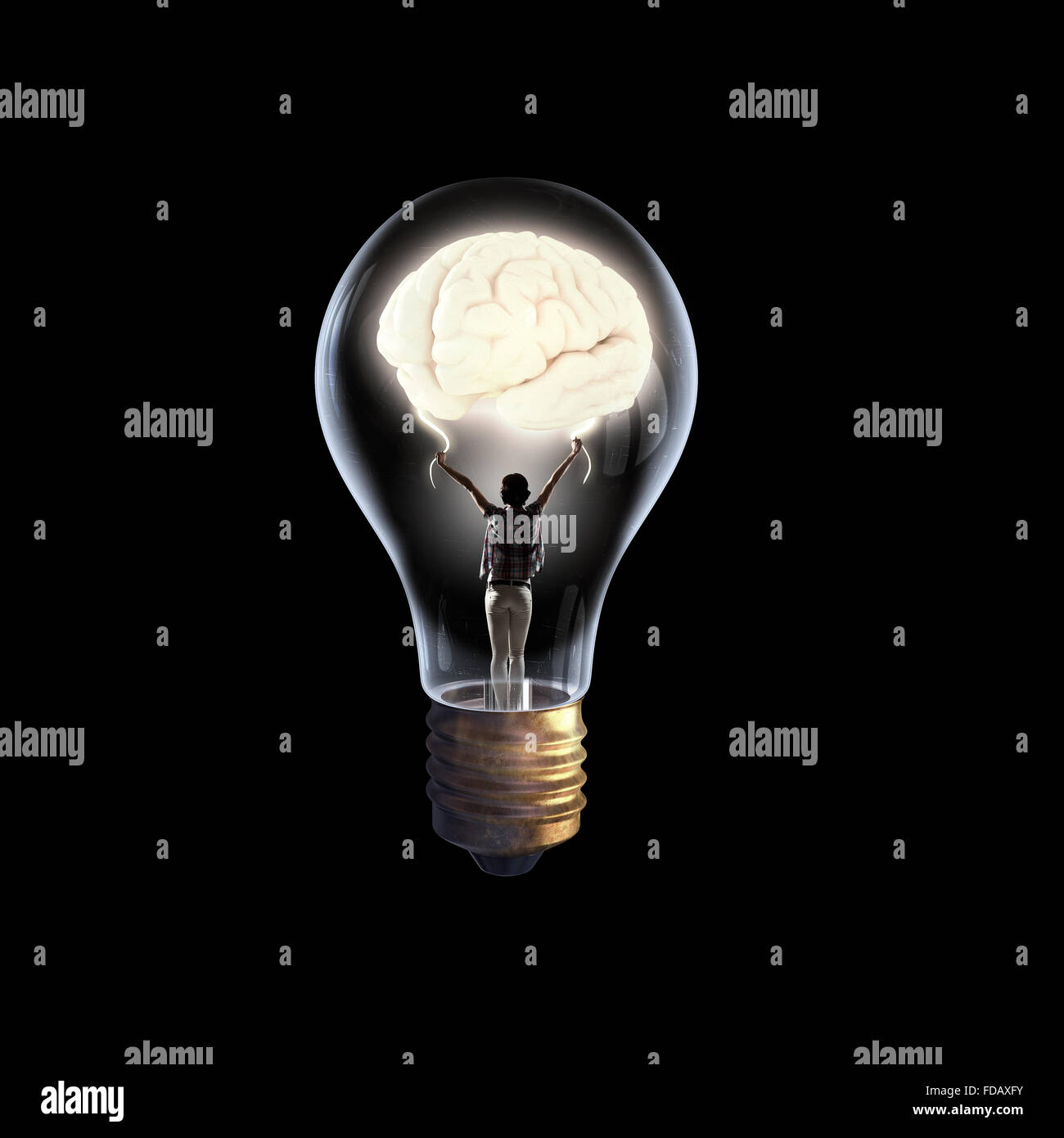 Cheerful girl inside of glass light bulb Stock Photo - Alamy