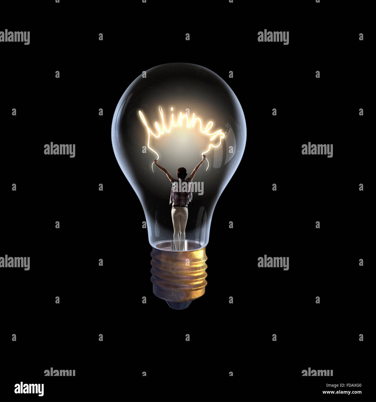 Cheerful girl inside of glass light bulb Stock Photo - Alamy