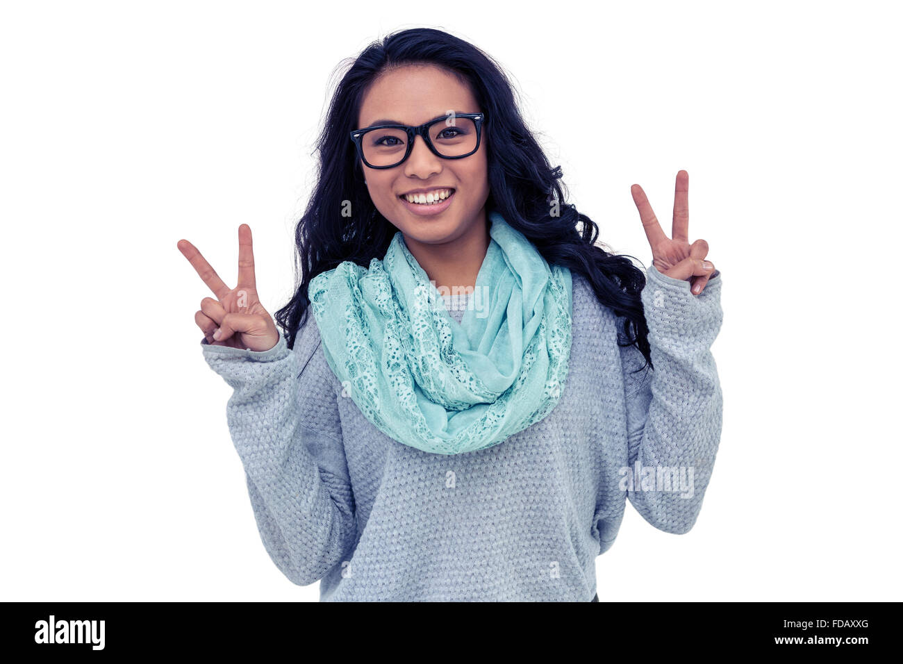 Asian woman making peace sign hi-res stock photography and images - Alamy
