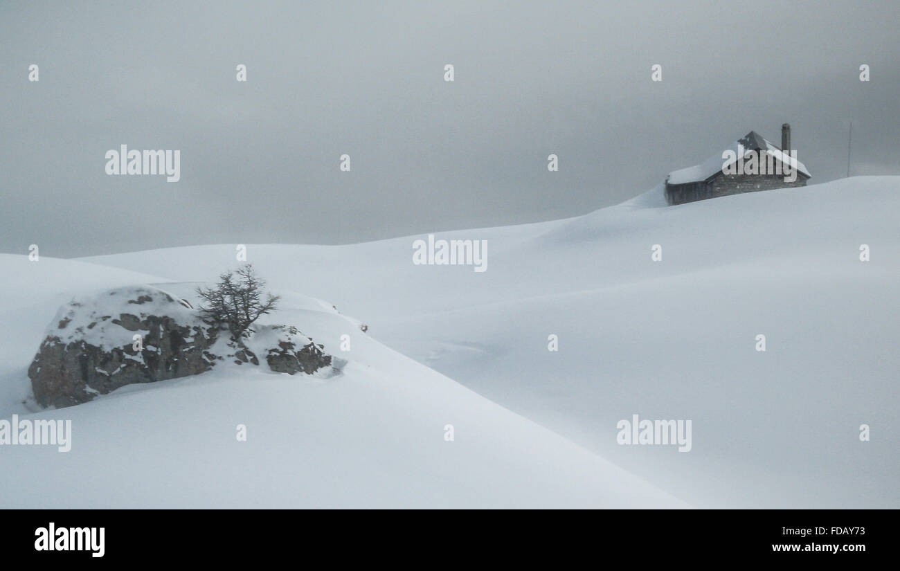 A bleak grey gray Alpine winter snow scene conveying cold and isolation ...
