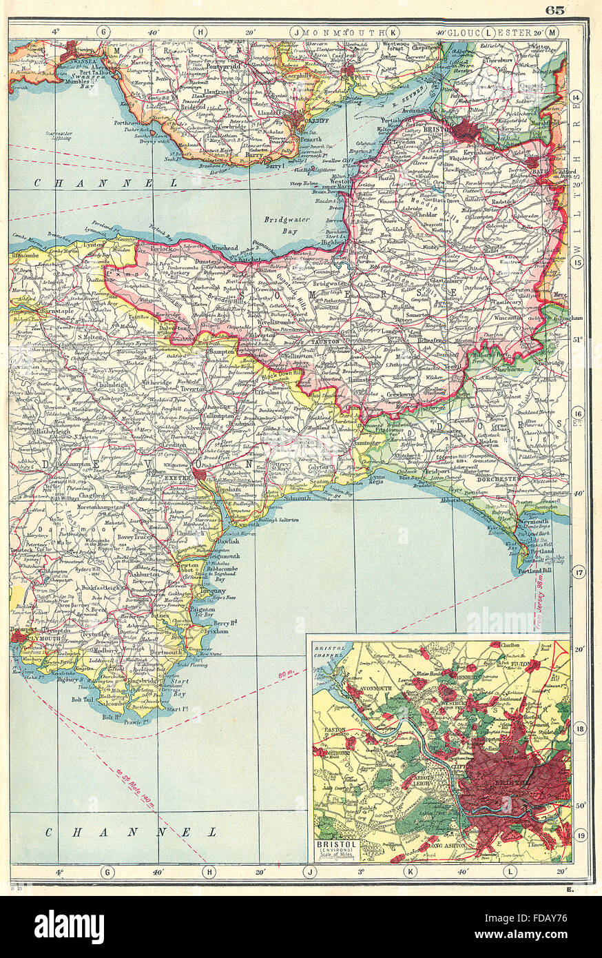 SOUTH WEST ENGLAND: Somerset & part of Devon. Inset Bristol environs ...