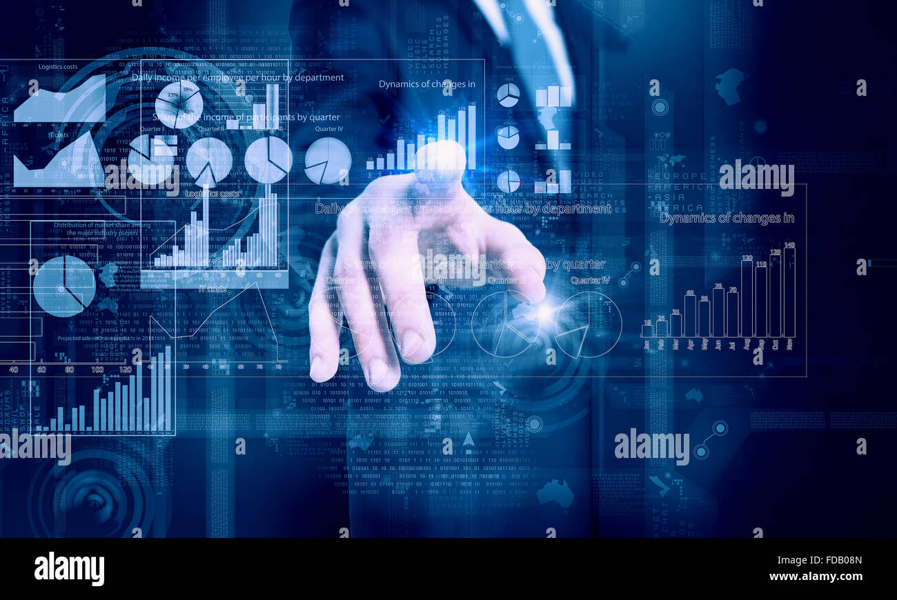 Close up of businessman touching virtual panel with finger Stock Photo ...