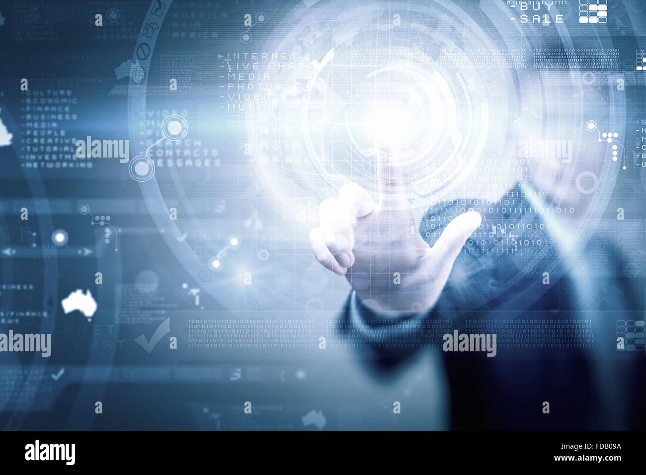 Portrait of businessman touching virtual panel with finger Stock Photo ...