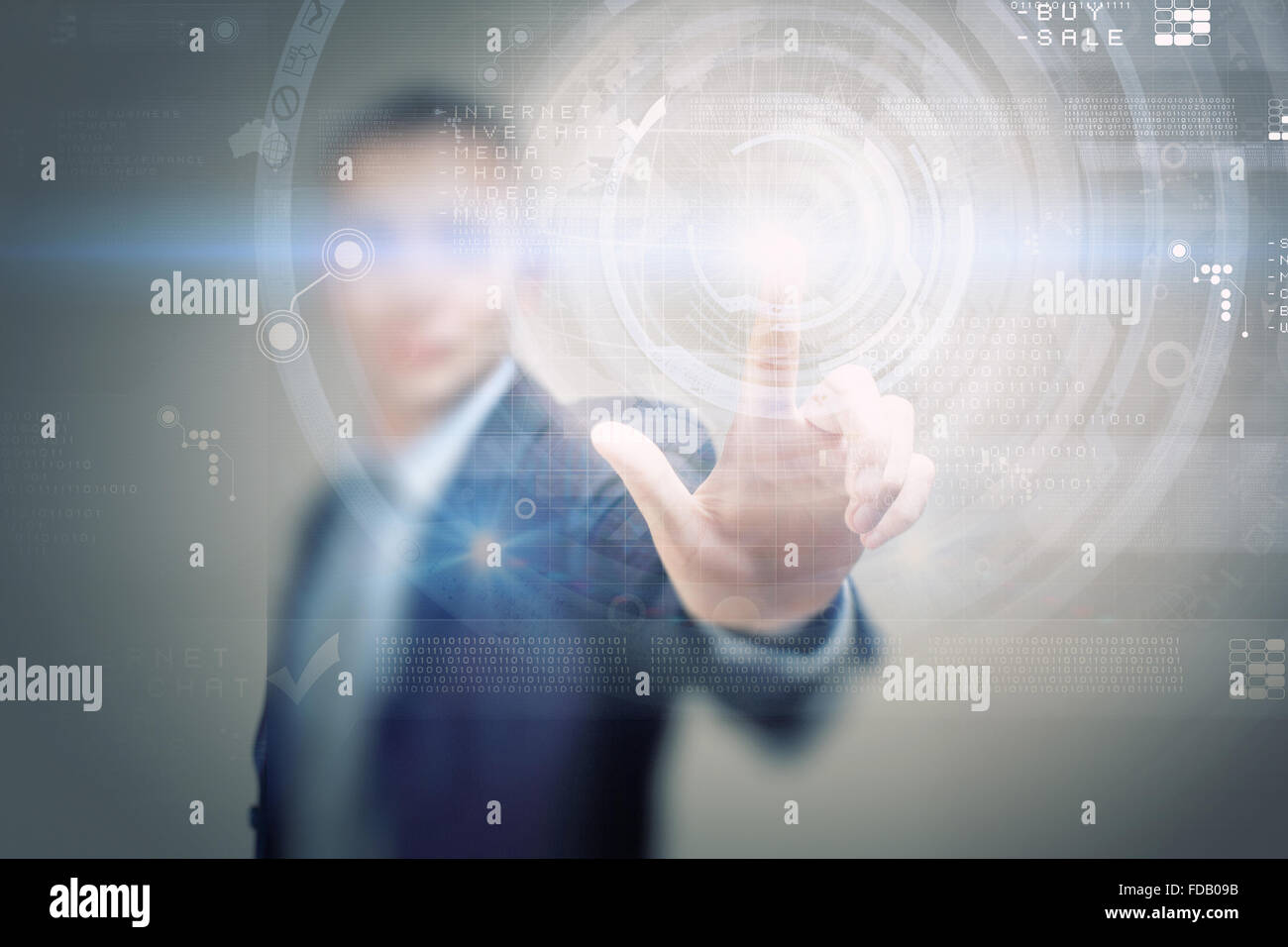 Portrait of businessman touching virtual panel with finger Stock Photo ...
