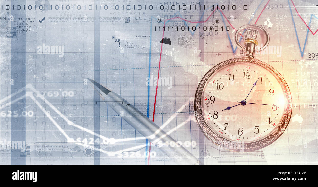 Pocket watch and business concepts on digital background Stock Photo ...