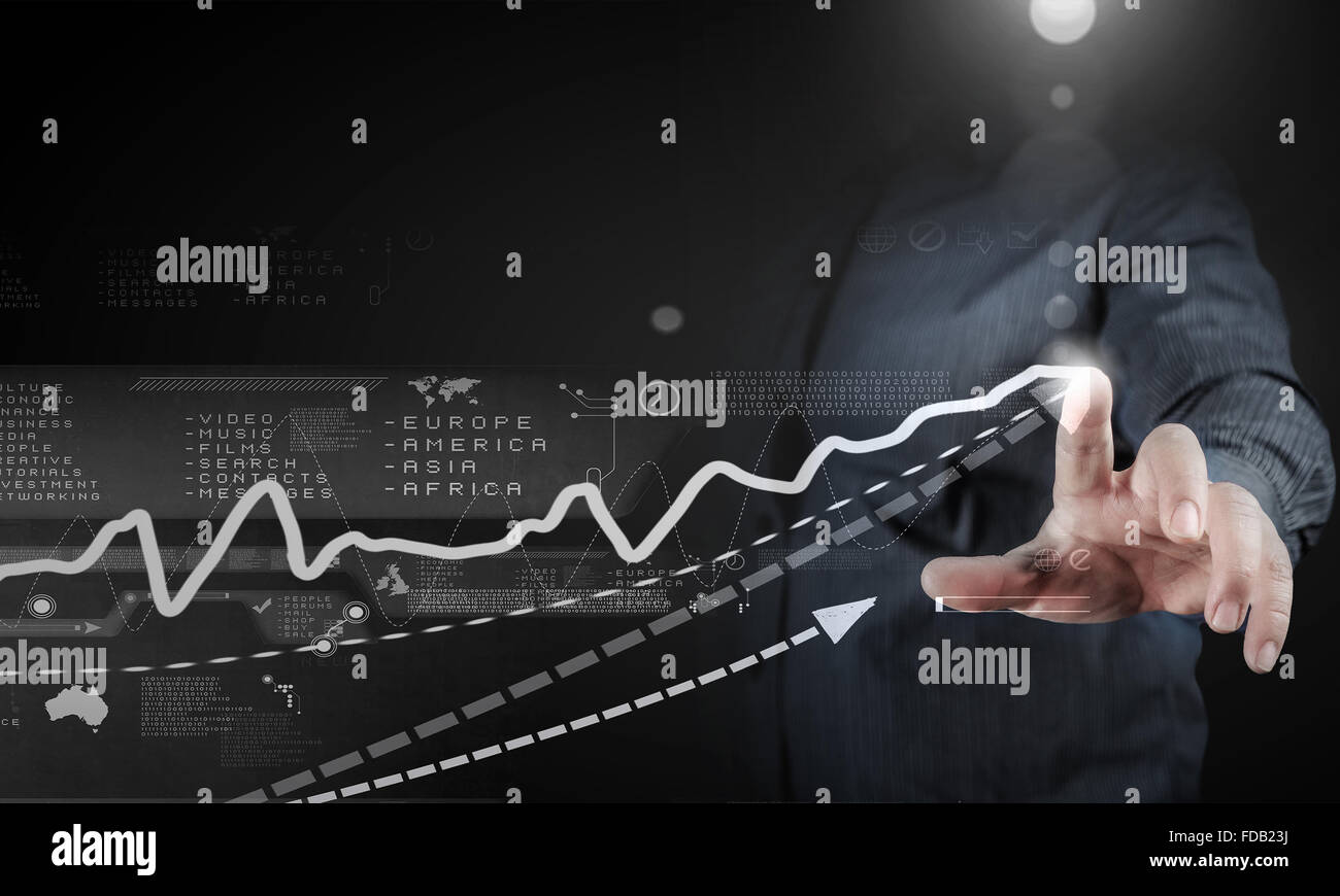 Businessman hand pushing business graph on touch screen interface Stock ...