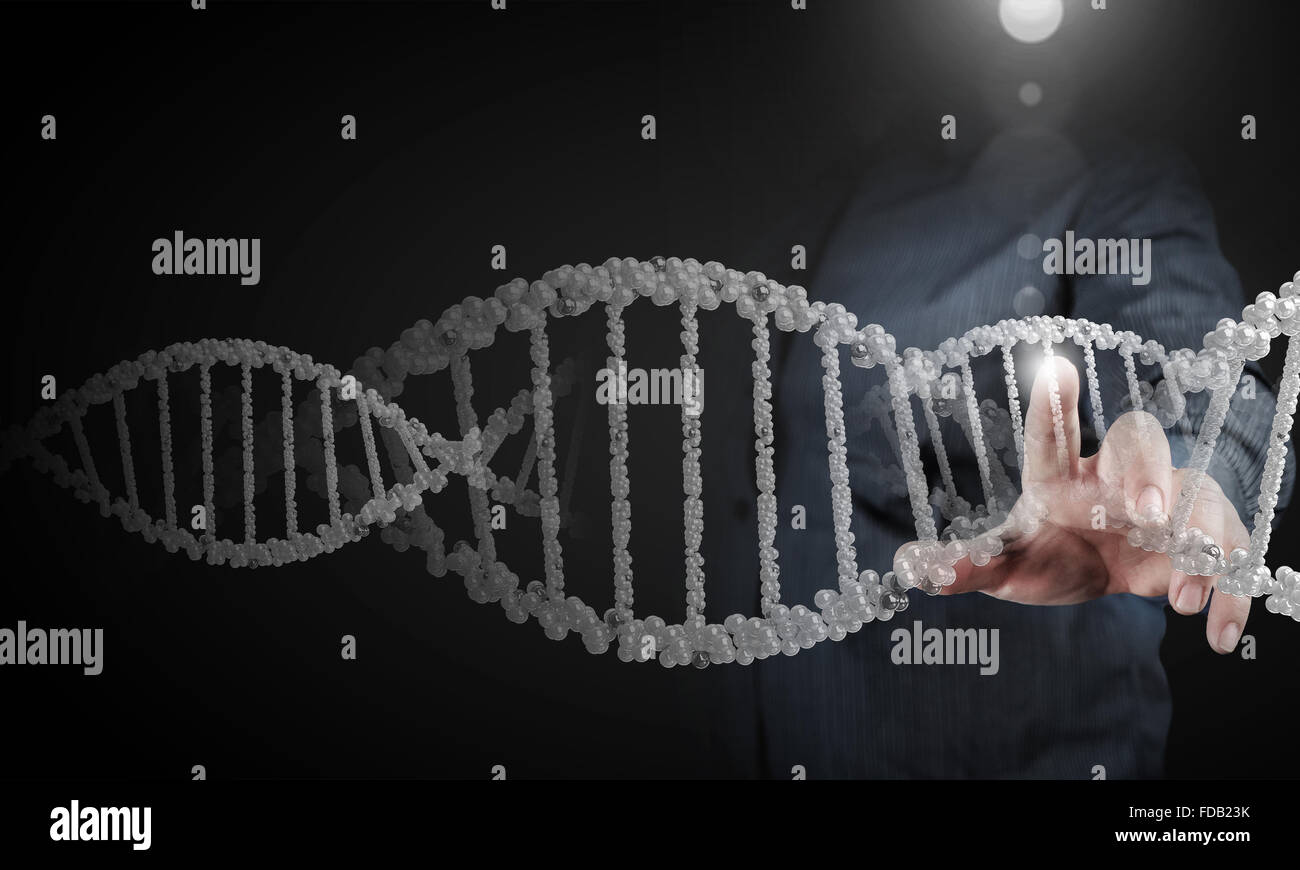 Science concept image of human hand touching DNA molecule Stock Photo ...