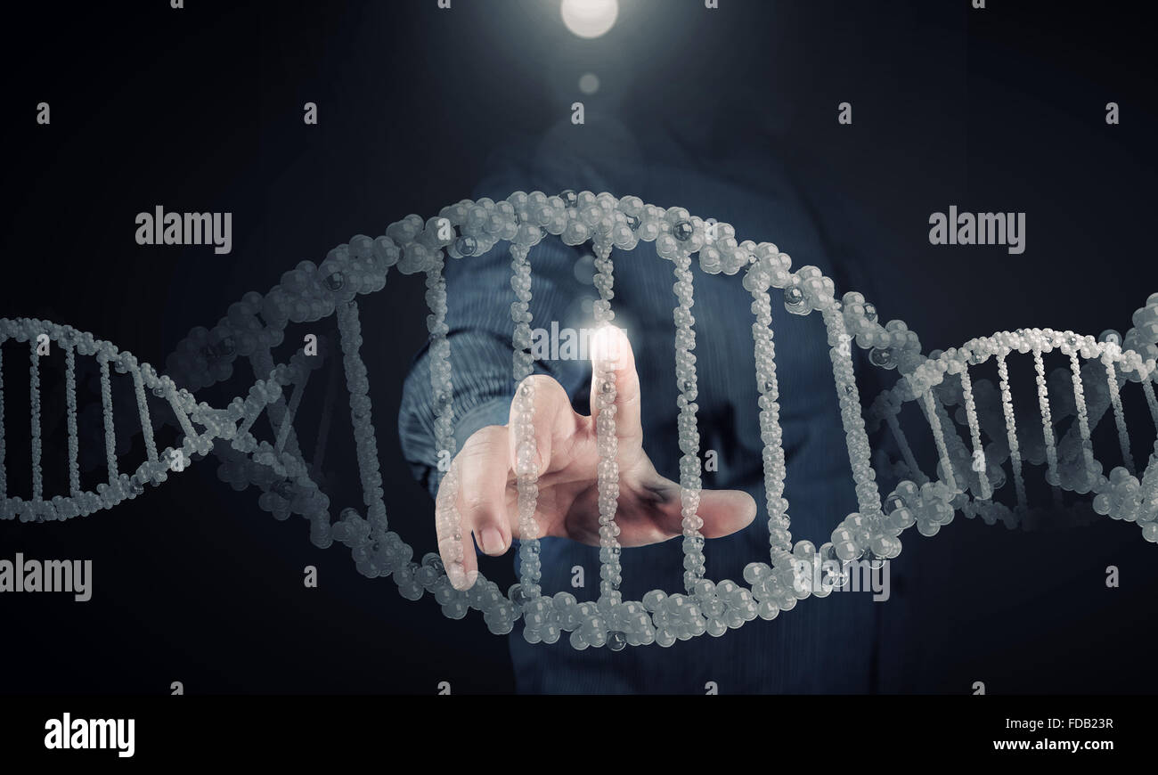 Science concept image of human hand touching DNA molecule Stock Photo ...