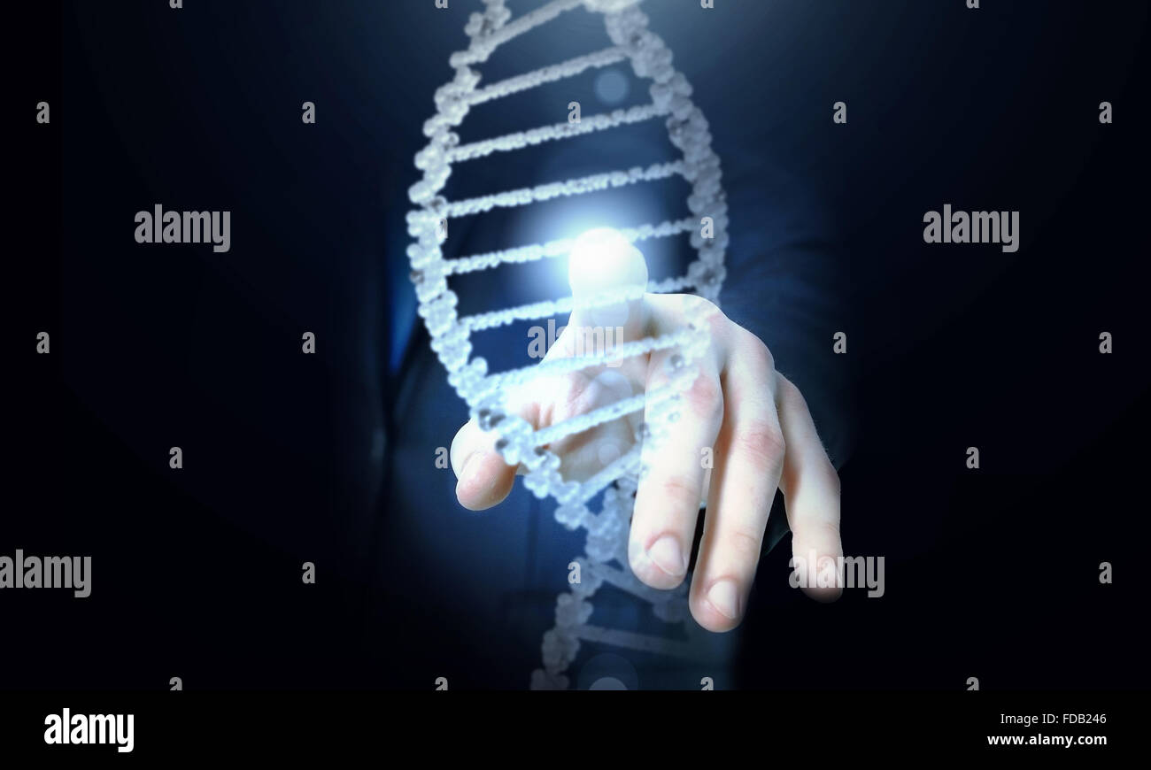 Science concept image of human hand touching DNA molecule Stock Photo ...