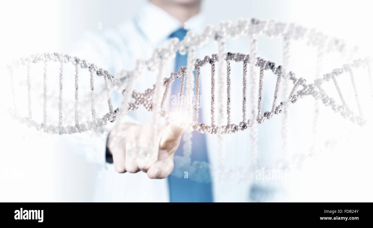 Science concept image of human hand touching DNA molecule Stock Photo ...