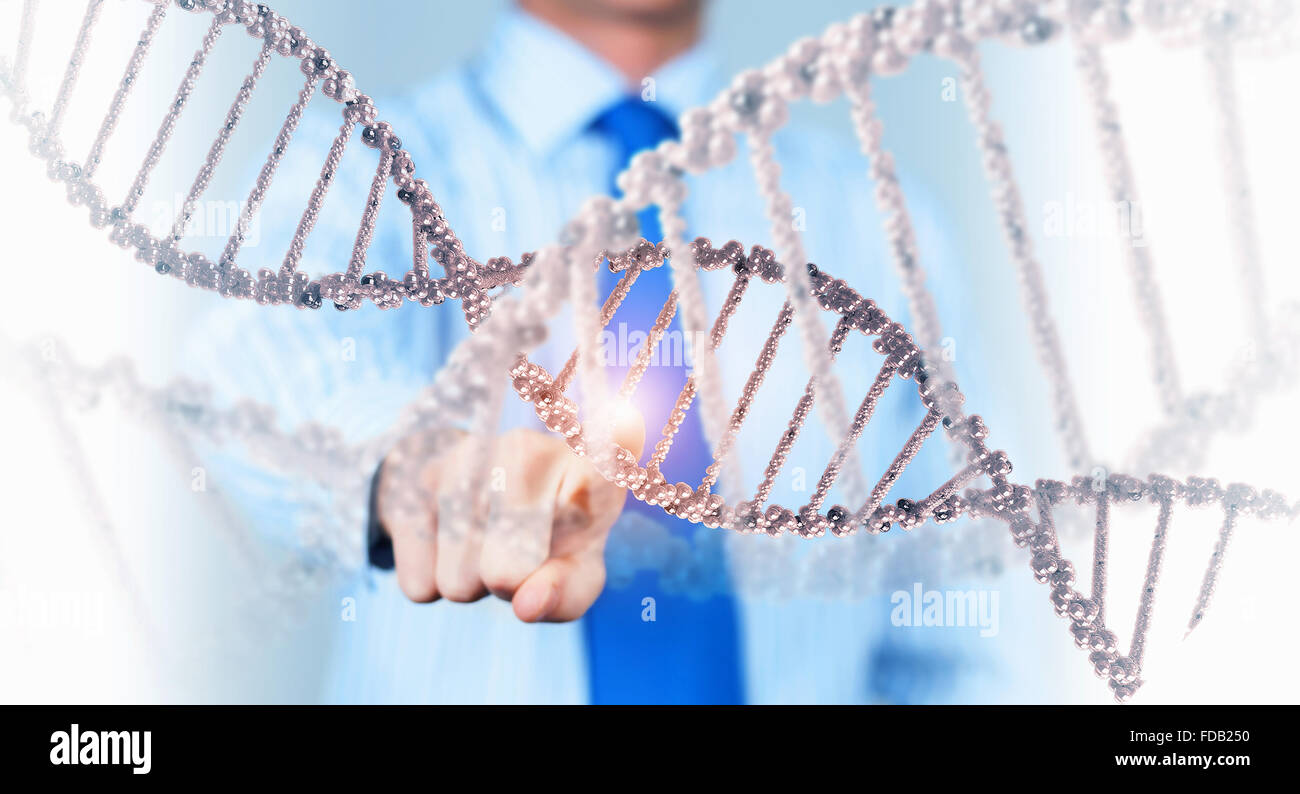 Science concept image of human hand touching DNA molecule Stock Photo ...