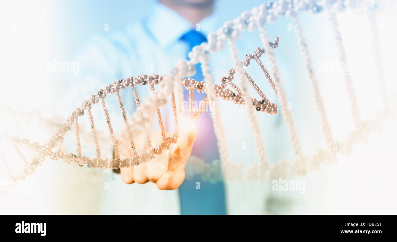Science concept image of human hand touching DNA molecule Stock Photo ...