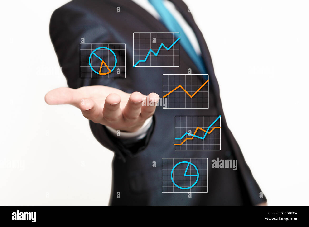 Hand of businessman presenting icons on virtual screen Stock Photo - Alamy
