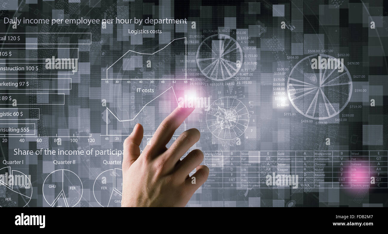 Businessman hand pushing business graph on touch screen interface Stock ...