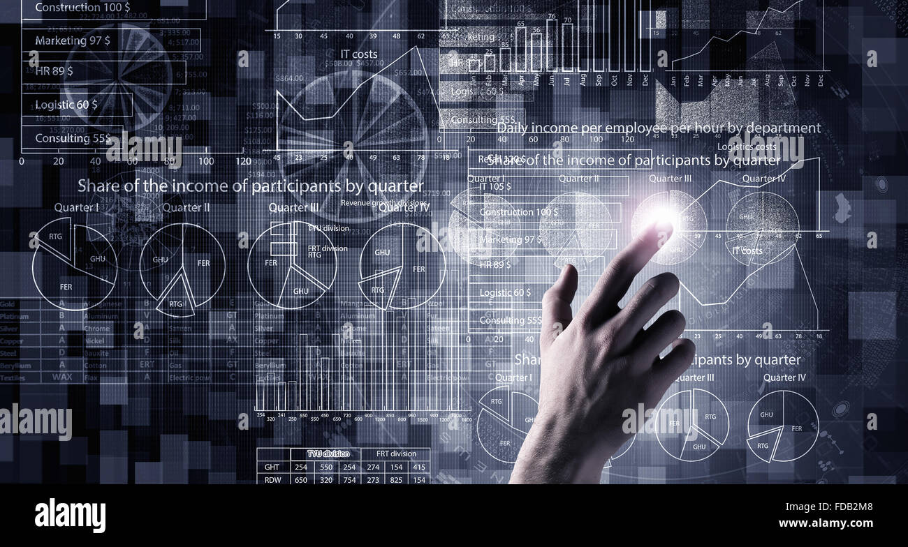 Businessman hand pushing business graph on touch screen interface Stock ...
