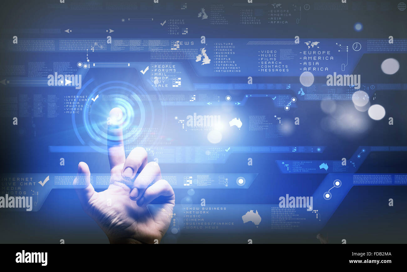 Businessman hand pushing icon on touch screen interface Stock Photo - Alamy