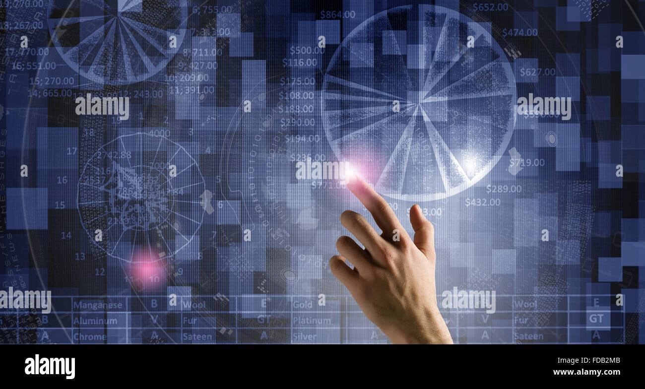 Businessman hand pushing business graph on touch screen interface Stock ...