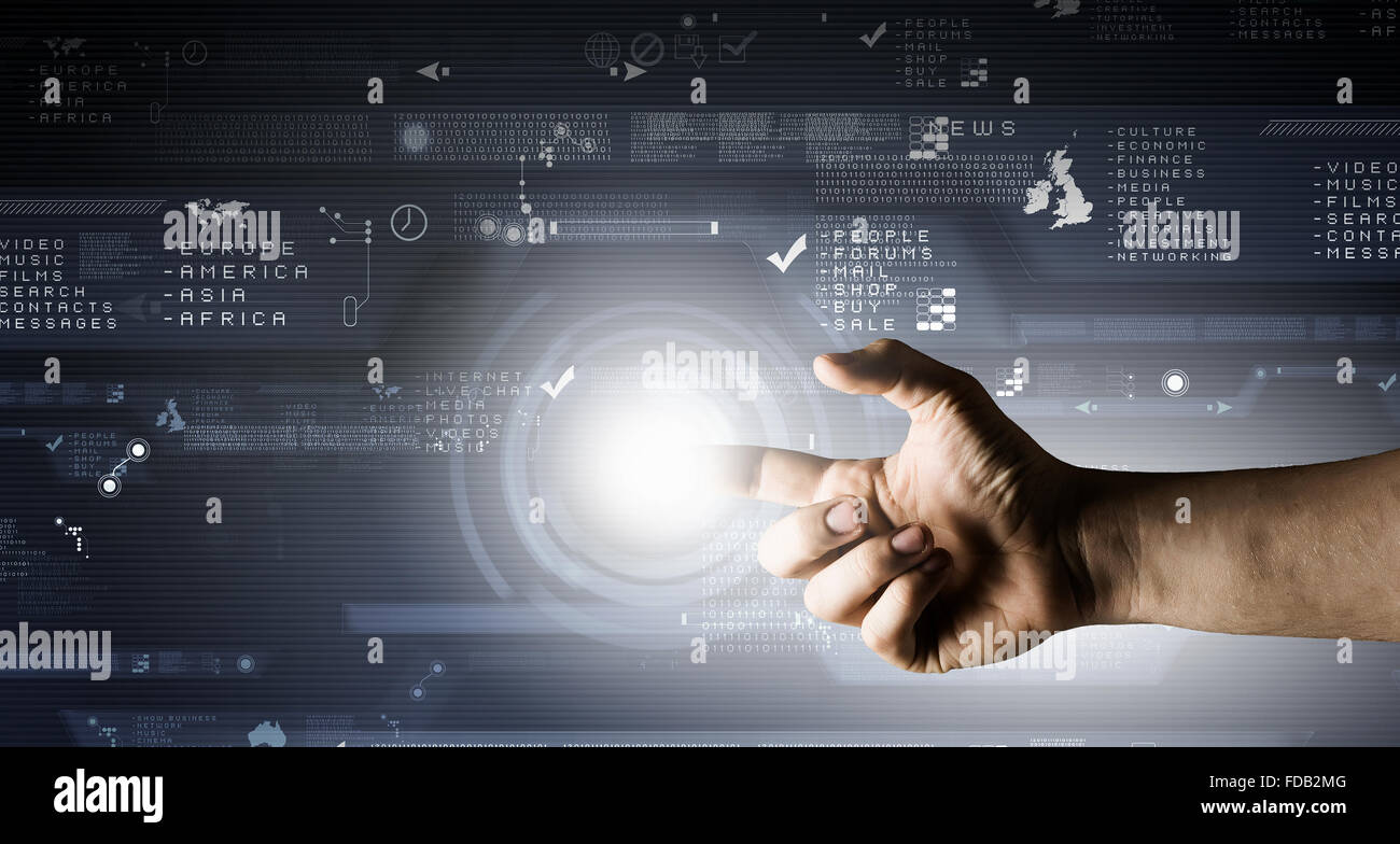 Businessman hand pushing icon on touch screen interface Stock Photo - Alamy