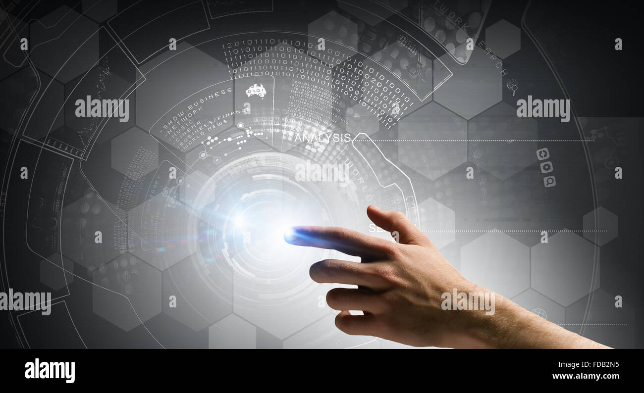 Businessman hand pushing icon on touch screen interface Stock Photo - Alamy