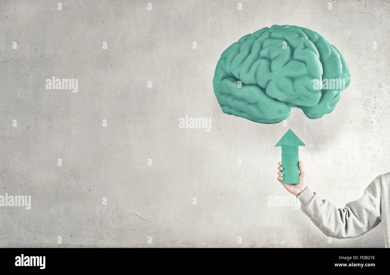 Close up of hand holding arrow and pointing at human brain Stock Photo ...